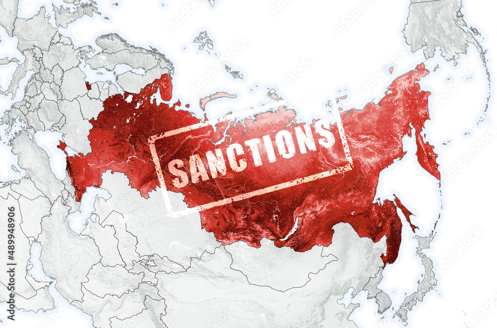 Russia on World map with countries borders. Stamp Sanctions on Russian ...