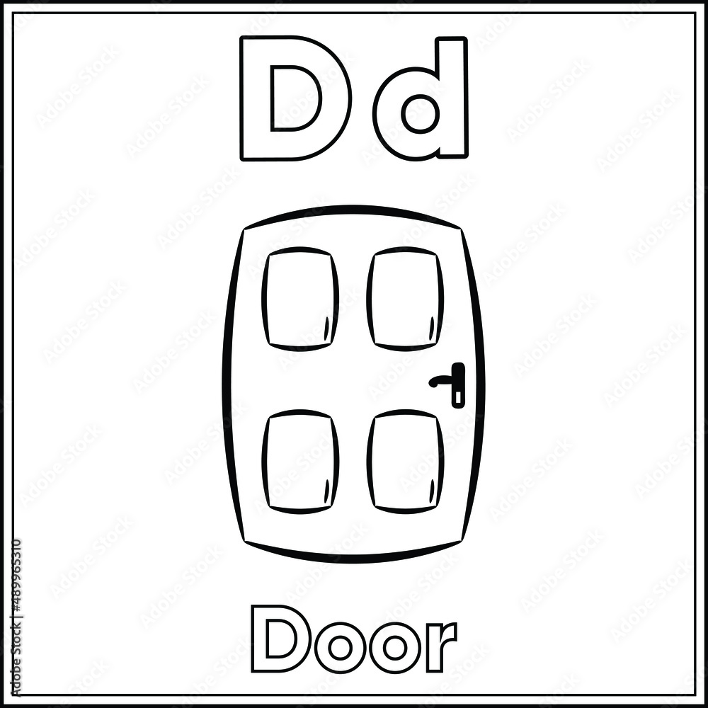 Alphabet flashcard letter D learning with cute door drawing sketch for ...