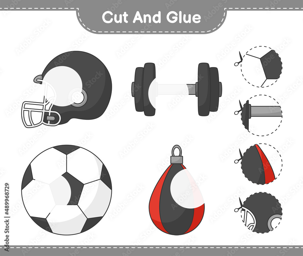 Cut and glue, cut parts of Soccer Ball, Football Helmet, Dumbbell ...