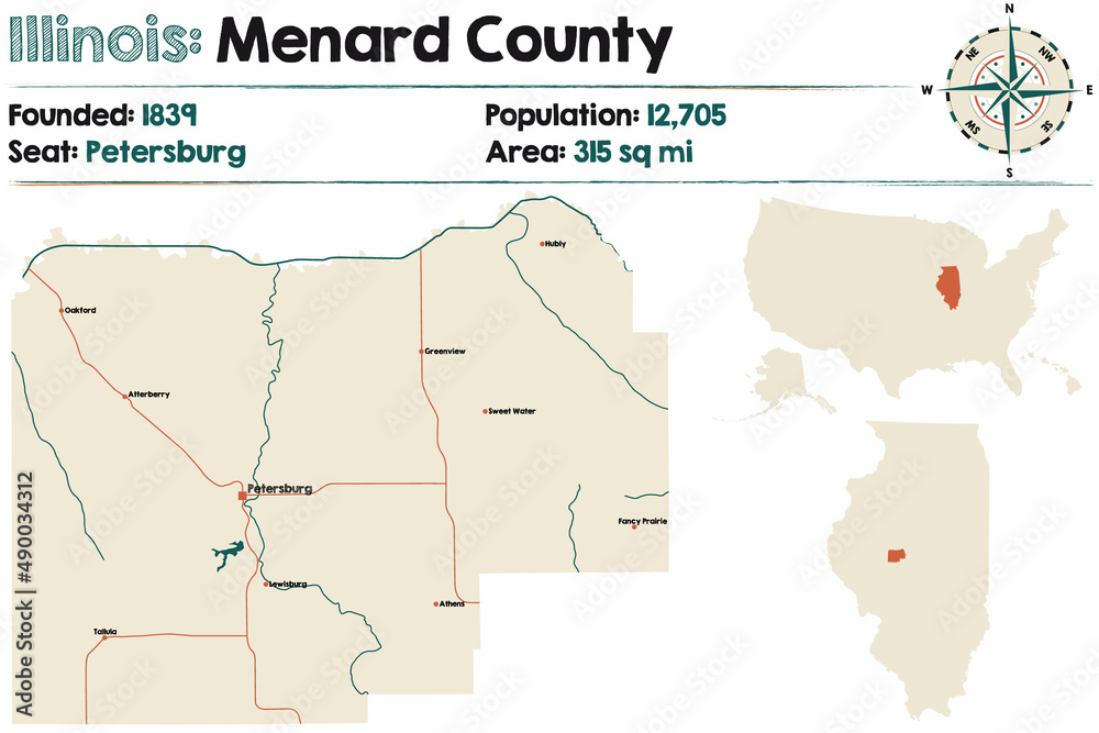 Large and detailed map of Menard county in Illinois, USA. Stock Vector ...