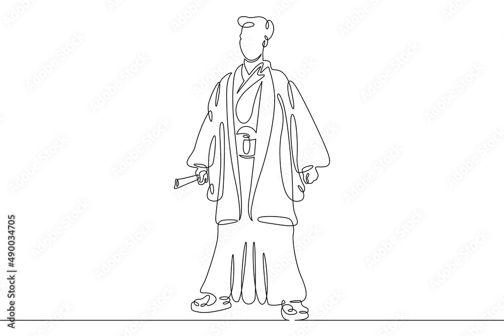 One continuous line.Japanese man character in traditional folk national ...