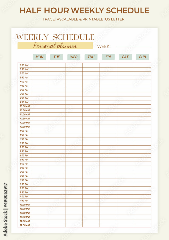 Minimalist printable weekly schedule page templates. Half hour schedule ...
