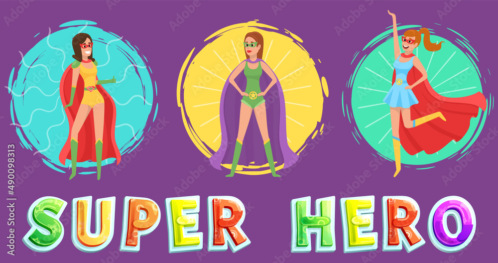 Superwoman smiling, waving hand and has superpowers. Cartoon character ...