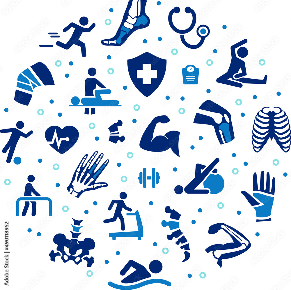 Sports medicine / rehabilitation vector illustration. Blue concept with ...