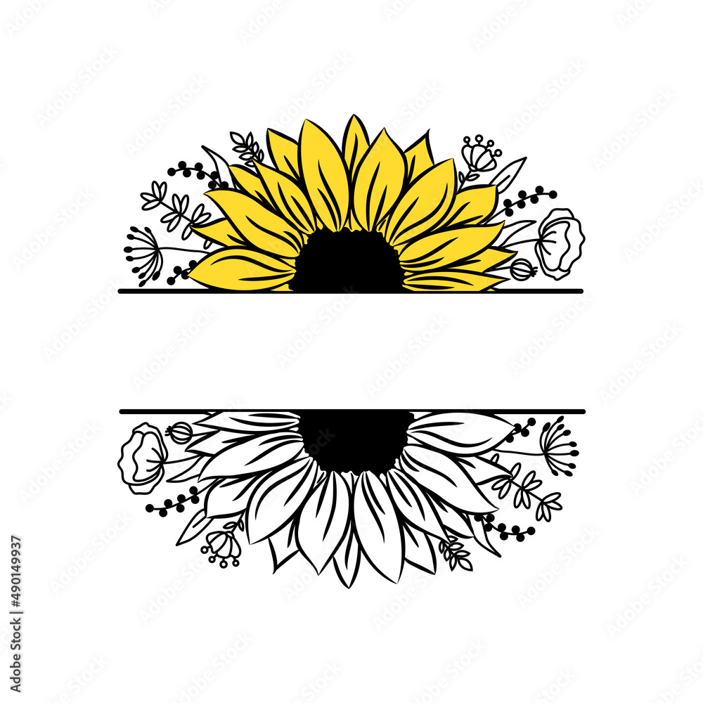 Sunflower border half flowers drawing and outline. Set of blooming ...