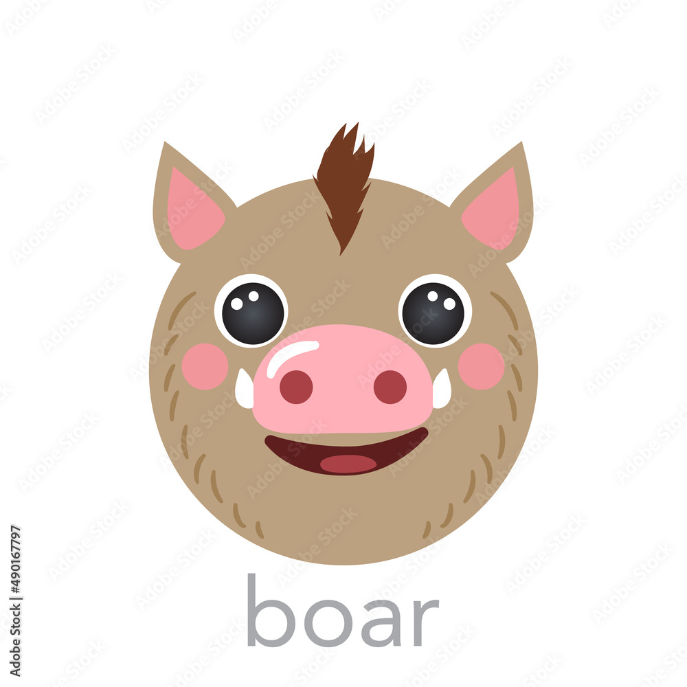 Boar Cute portrait with name text smile head cartoon round shape pig ...