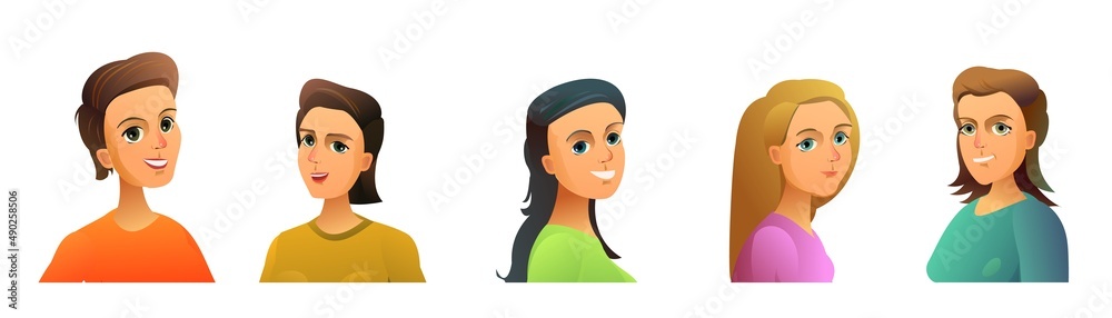 Faces of beautiful girls set. Comic fun person. Cute cartoon style ...