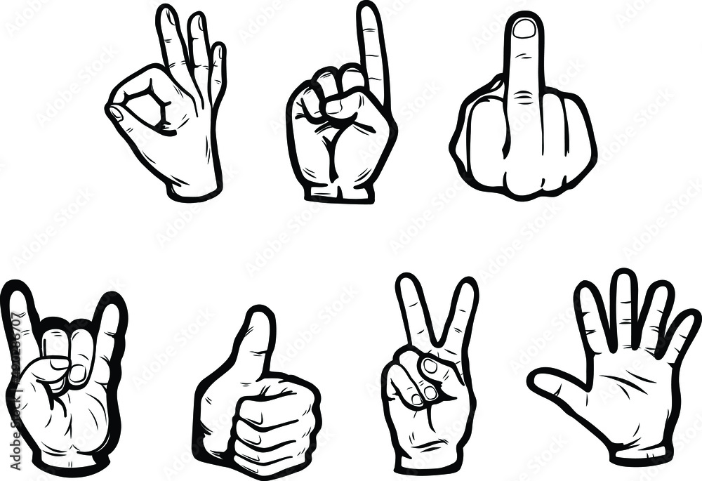 A set of 7 hand gestures. Simple Outline Icons no fill. Thumbs up ...