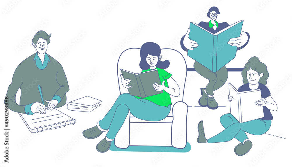 people reading and writing Stock Vector | Adobe Stock