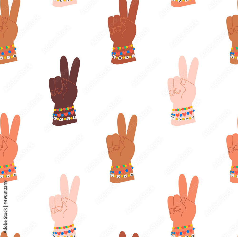 Hands of diverse group of people. Peace sign hand gesture symbol with ...