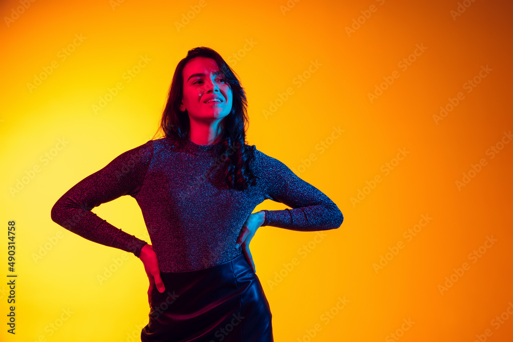 Beautiful young excited girl, student with long dark hair isolated on ...