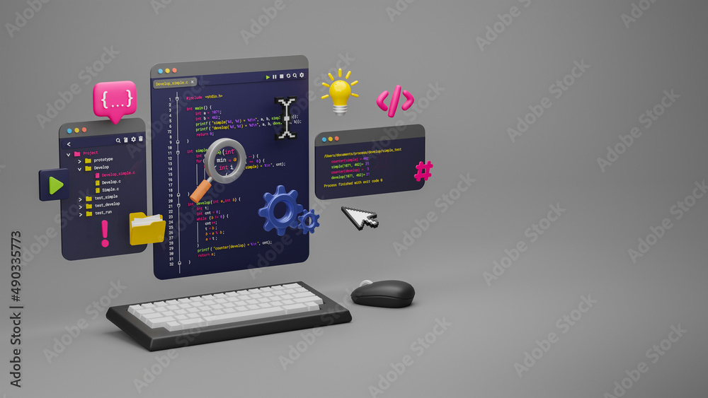 Ilustración de Stock Programmer developer typing script source languages coding symbols icon ...