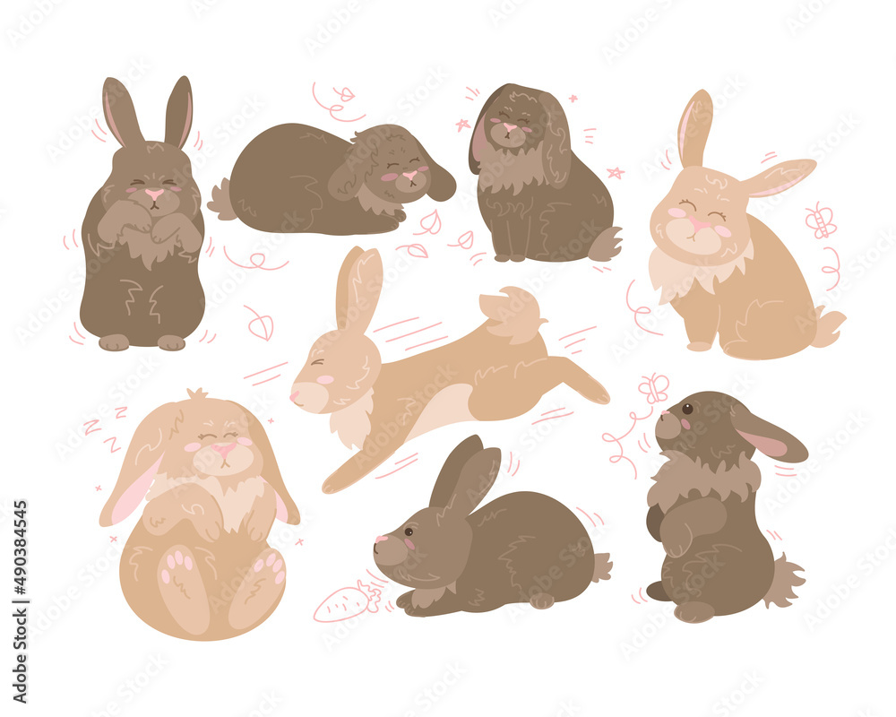 Cute bunnies in different poses cartoon illustration set. Funny brown ...