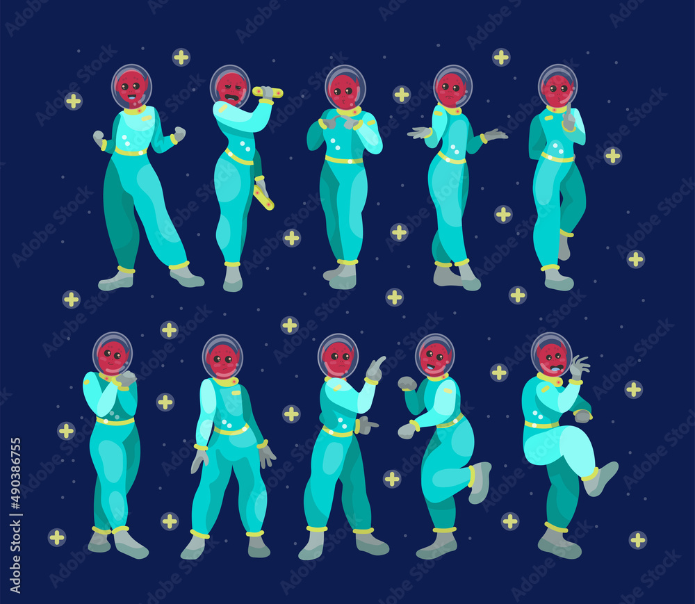 Alien characters in space suits cartoon illustration set. Funny men ...