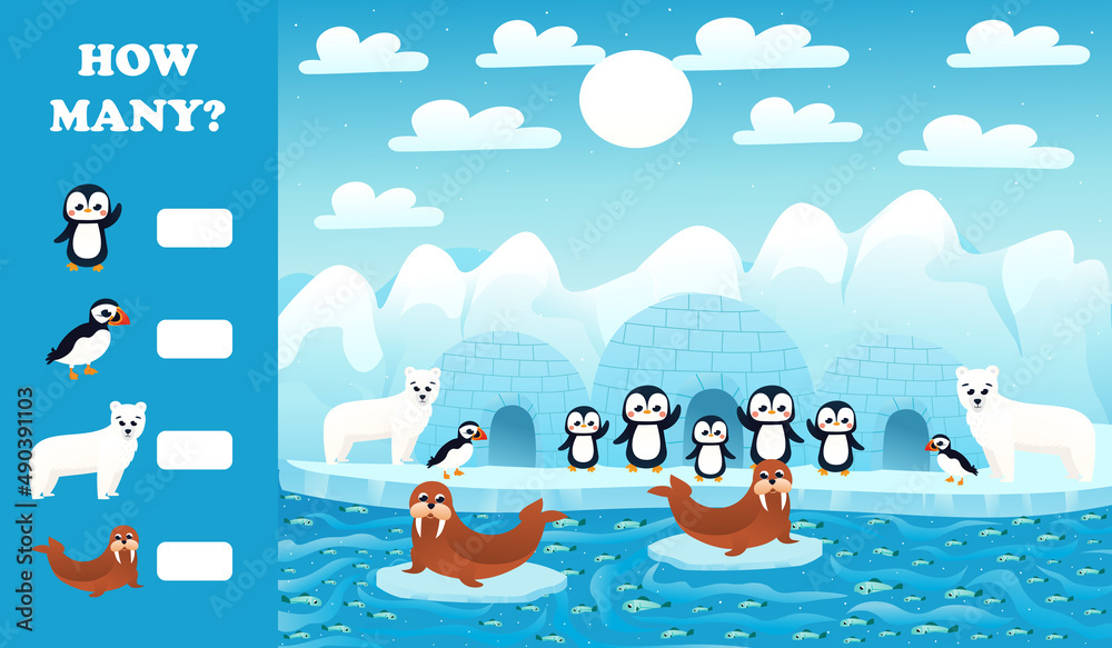 Printable educational worksheet for kids with how many puzzle, arctic ...