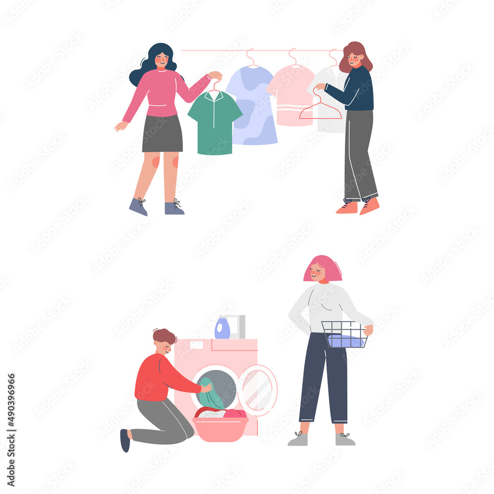 People washing clothes in public laundry cartoon vector illustration ...