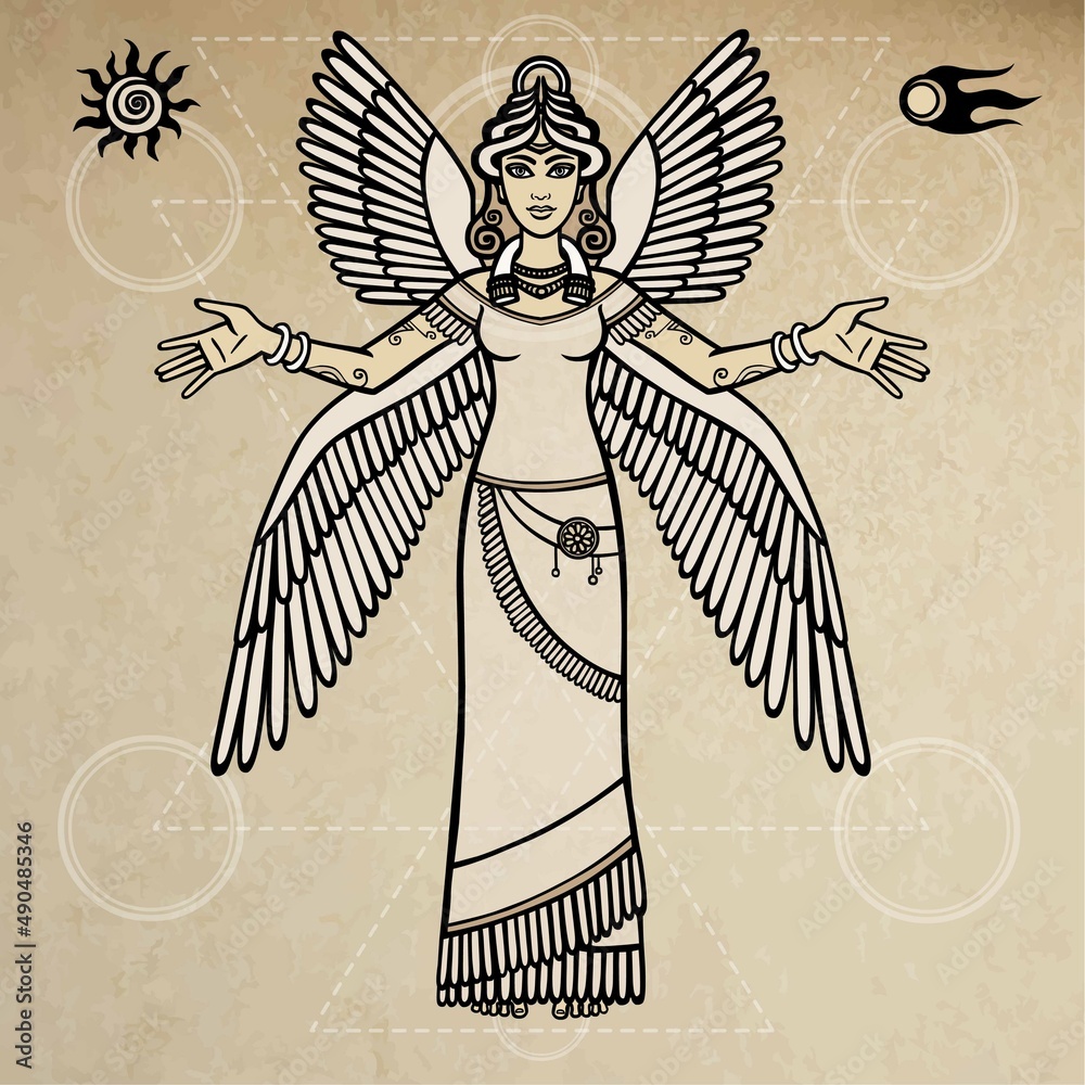 Stylized goddess Ishtar. Character of Sumerian mythology. Full growth ...