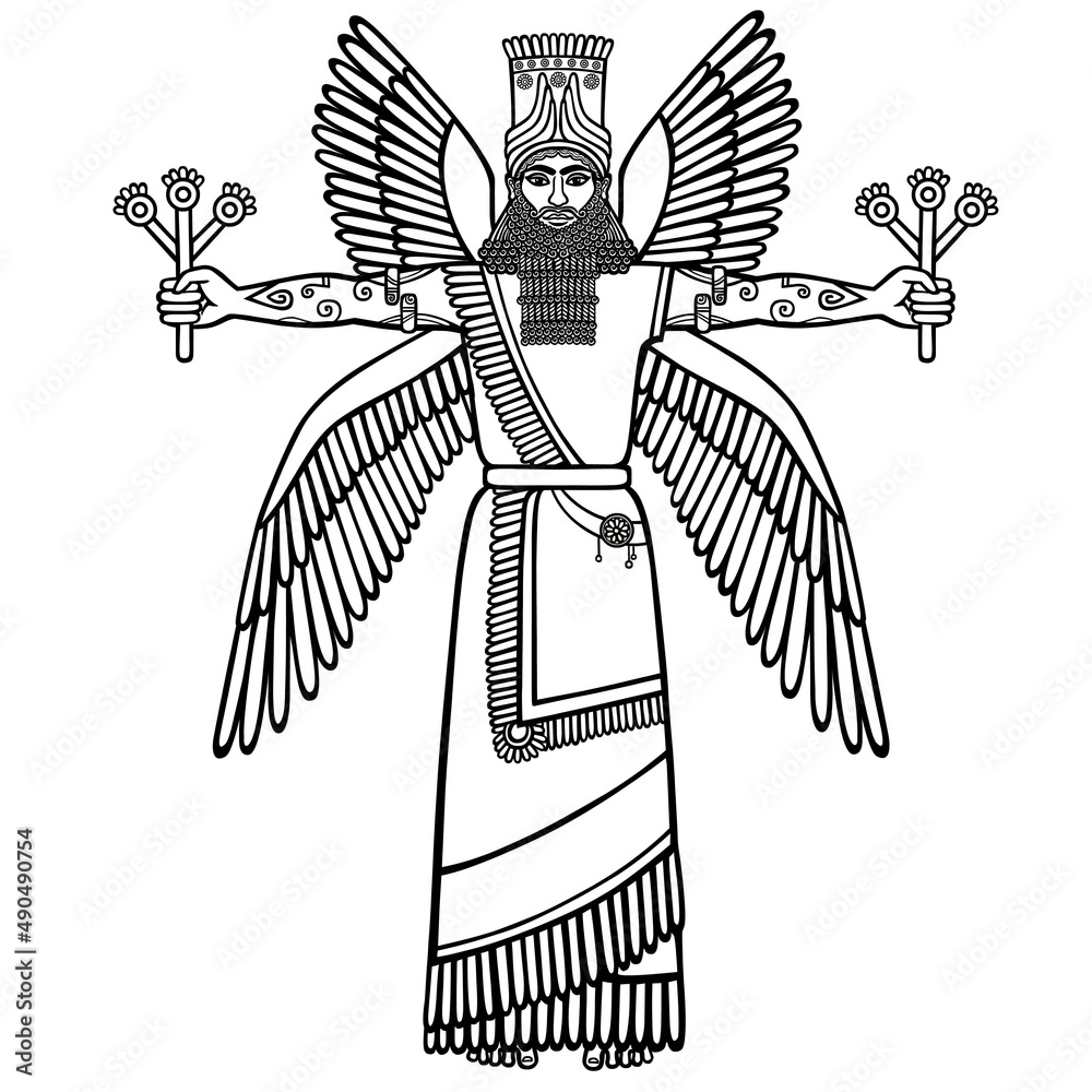 Image of a winged Assyrian deity. Character of Sumerian mythology ...