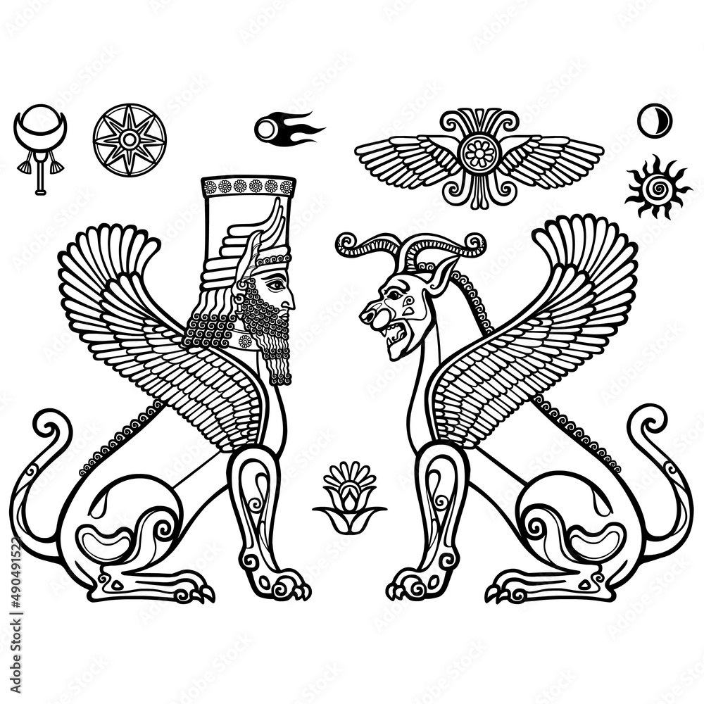 Graphic set: figures of the Assyrian mythology - a lion and a sphinx of ...