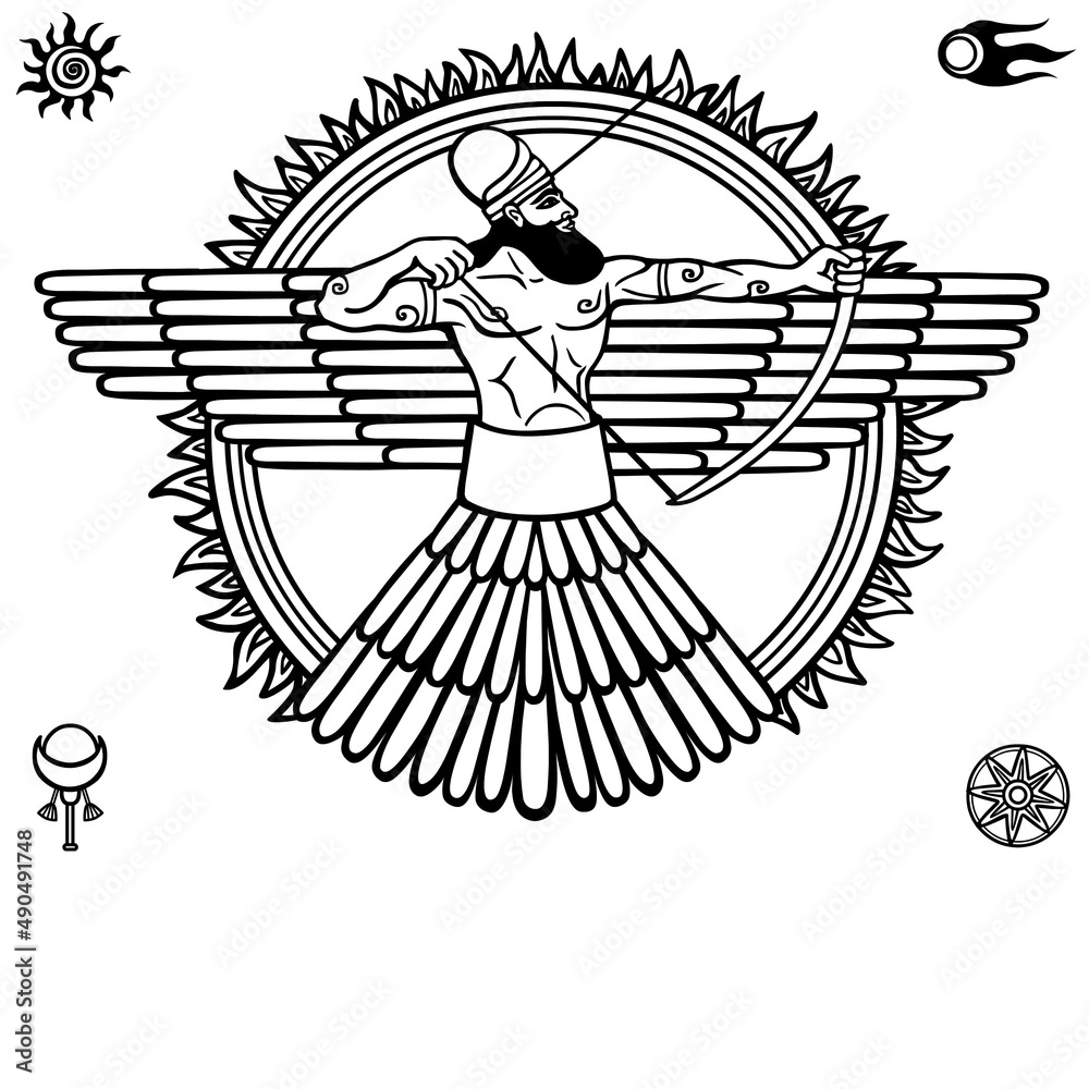 silhouette of Assyrian deities collects fruits from a fantastic tree ...
