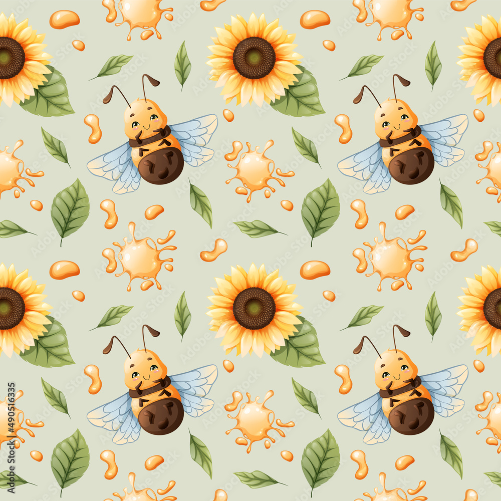 Vector seamless pattern with cartoon bees, honey, sunflowers on a green ...