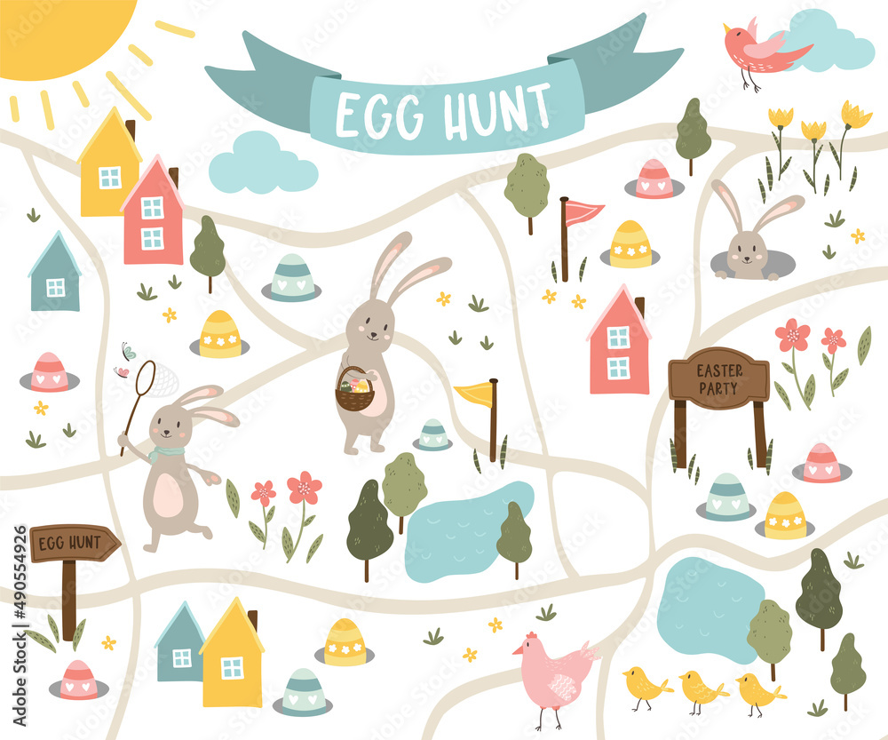 Cute Easter Egg hunt design, map for children, hand drawn with cute ...