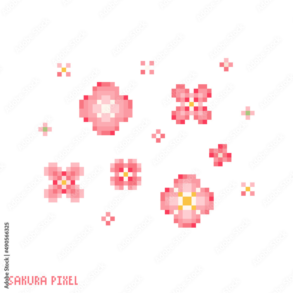 Pixel art sakura flowers icon set. Vector 8 bit style illustrations of ...