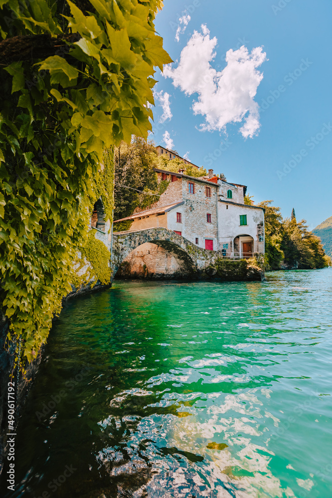 Village of Nesso with the medieval bridge, also called Civera bridge ...
