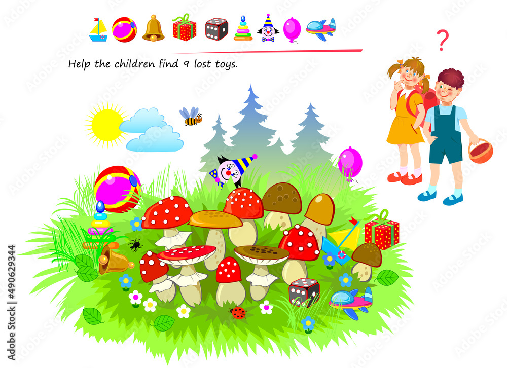 Logic puzzle game for kids. Help the children find 9 lost toys ...