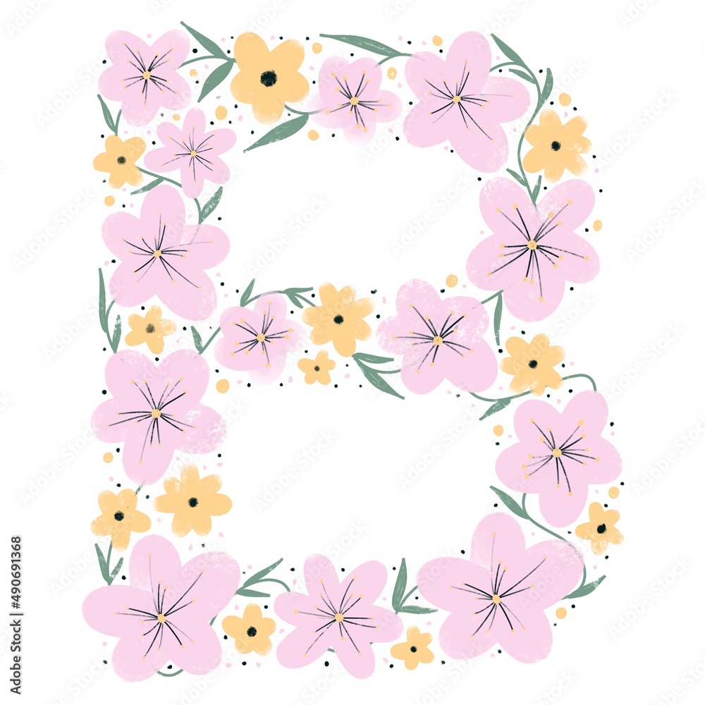 Botanical letter B. Floral lettering alphabet. Letter B isolated. For ...