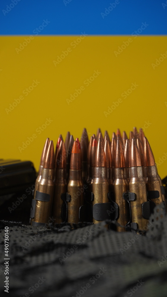 Blue-yellow flag of Ukraine National symbol and 5.56mm ammunition ...