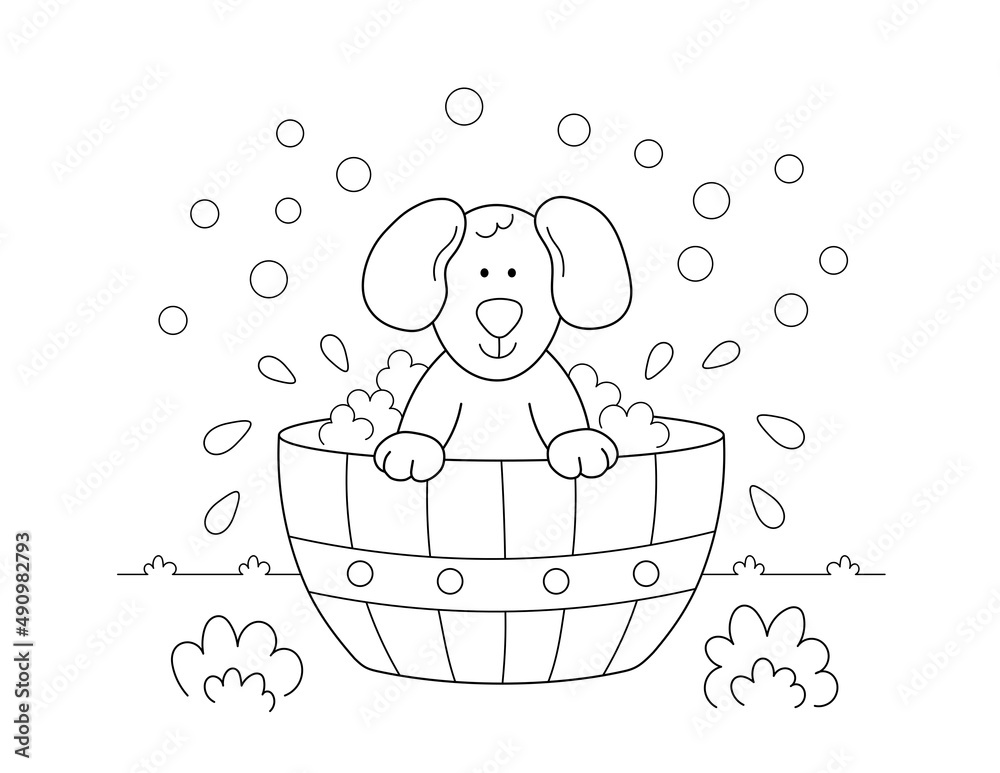 coloring page for kids of a dog getting a bath. easy shapes outline ...