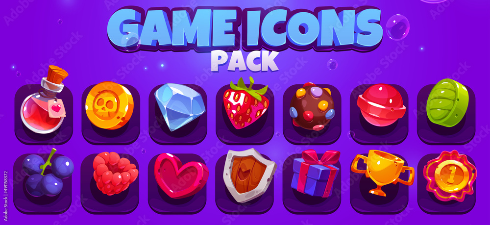 Game icons pack with potion, gold cup, heart, berries, candies and ...