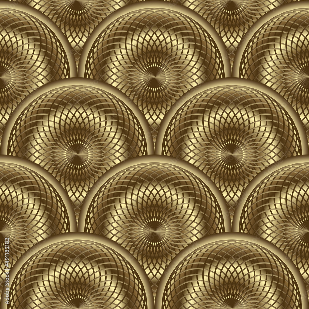 Gold 3d fractals seamless pattern. Round grid mandalas 3d background ...