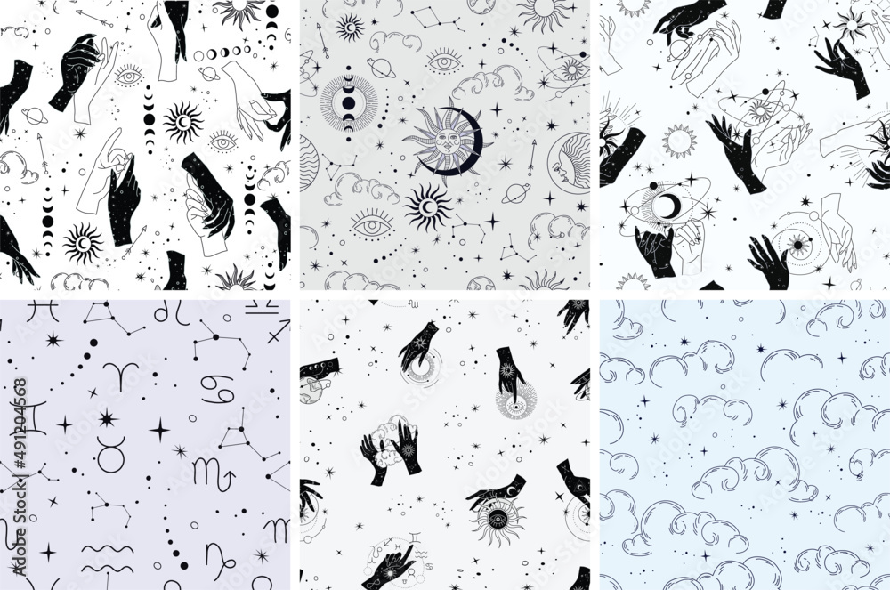 Vector seamless pattern with celestial mystic esoteric magic elements ...