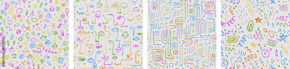 Set of colorful childish abstract hand drawn seamless pattern set ...