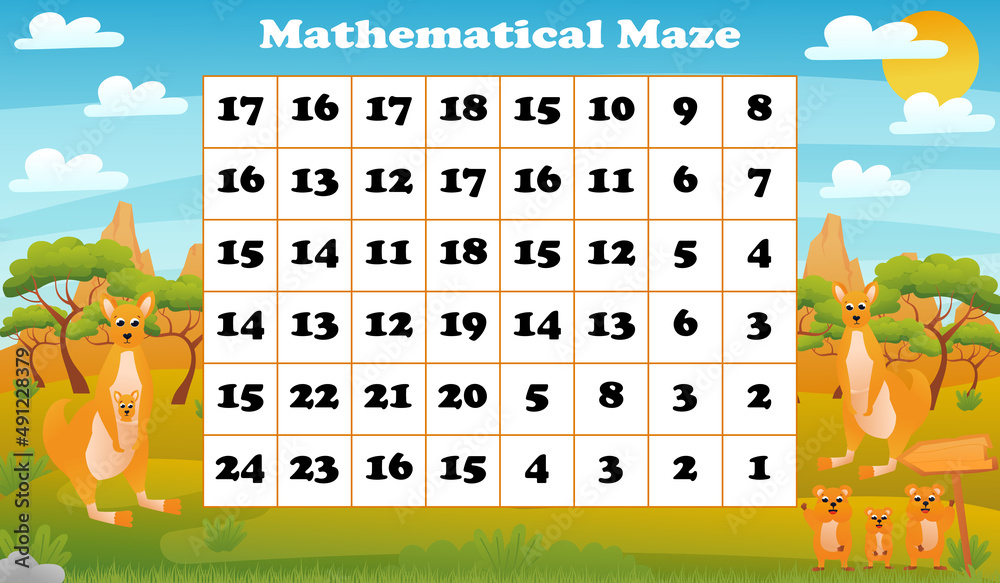 Math maze game for children with cute animal kangaroo and quokka in ...