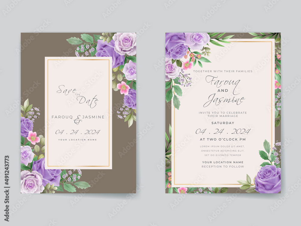 Romantic purple roses wedding invitation card Stock Vector | Adobe Stock
