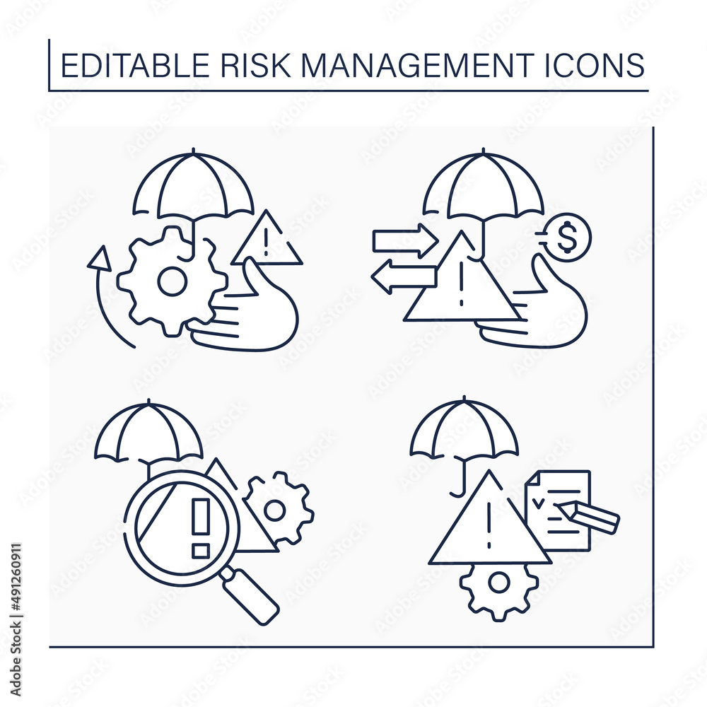 Risk management line icons set. Risk transfer, identification ...
