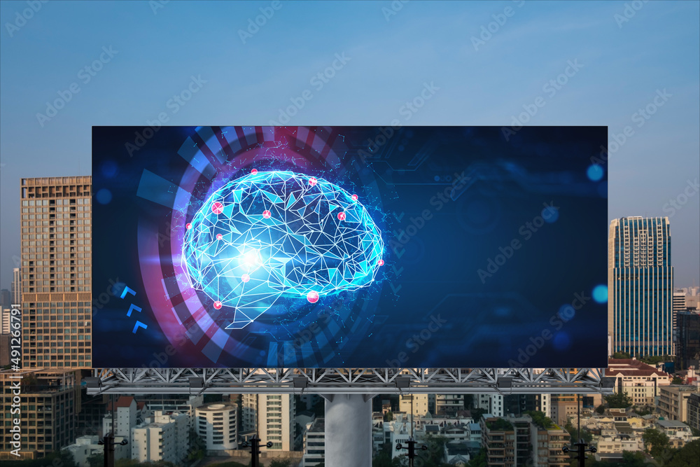 Brain hologram on billboard with Bangkok cityscape background at sunset ...