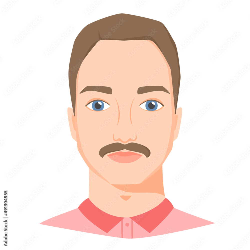 Young white man face with moustache. Male portrait or avatar in flat ...