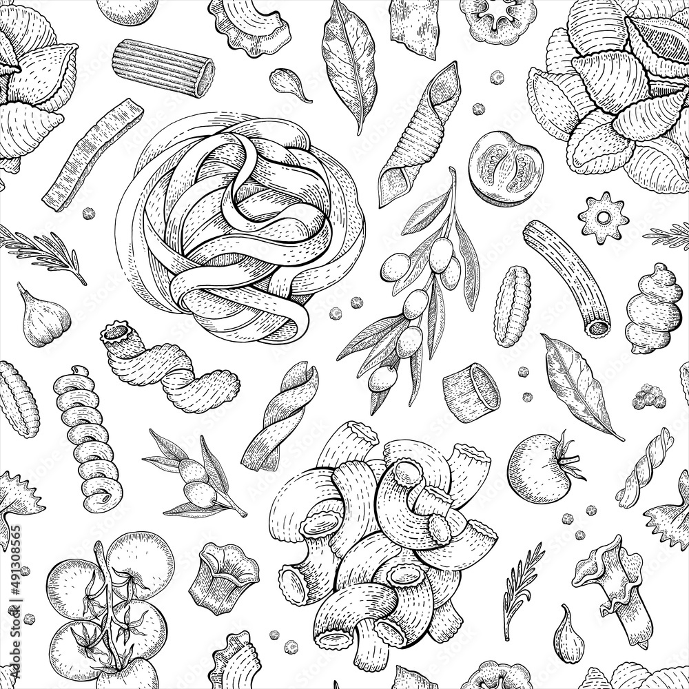 Pasta Pattern. Italian vector food seamless background. Macaroni sketch ...
