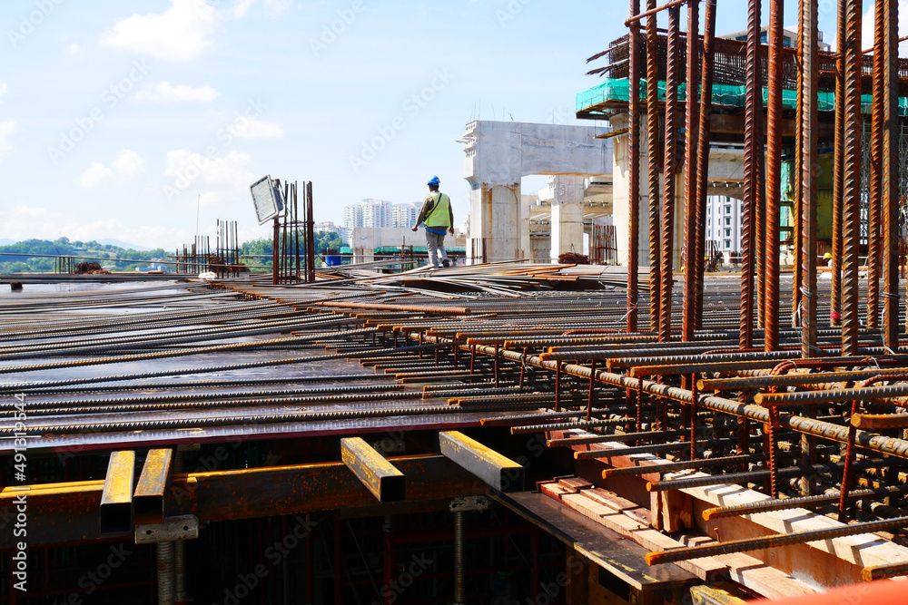 PENANG, MALAYSIA -MARCH 4, 2020: Floor slabs are under construction at ...
