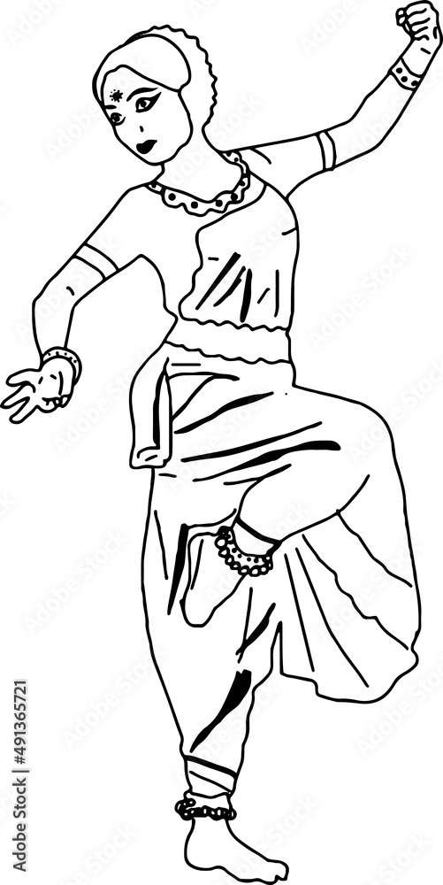 line art illustration of Indian women performing traditional dance of ...