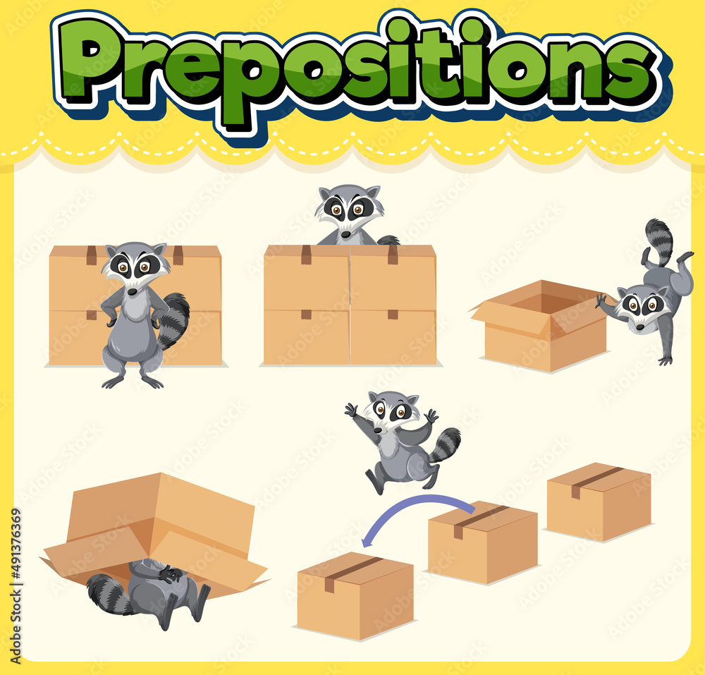 Preposition wordcard with raccoon and box Stock Vector | Adobe Stock