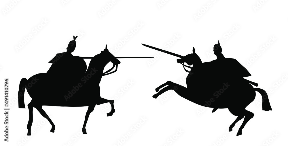 Vector de Stock Knights in battle riding horse with armor helmet and ...