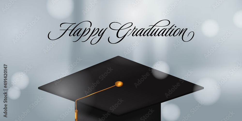 Banner for graduation party with black realistic graduation cap with ...