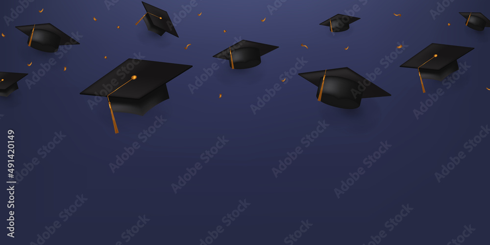 Happy graduation with falling graduation cap with golden confetti and ...