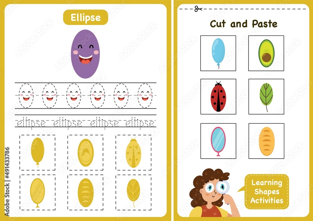 Learning shapes activity page - Ellipse. Geometric shapes worksheets ...