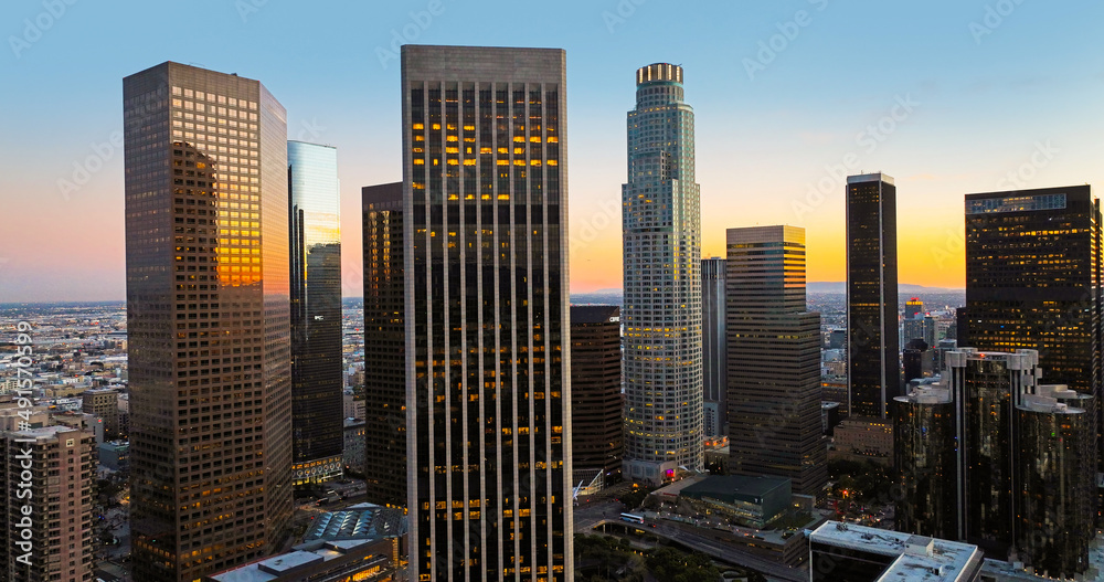 Los Angeles downtown panoramic city with skyscrapers. California theme ...